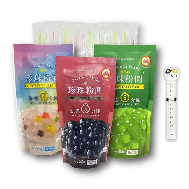 WuFuYuan Boba Tapioca Pearls 3-Pack Variety (Black, Color, Green Tea) plus 50 Wide Straws ...