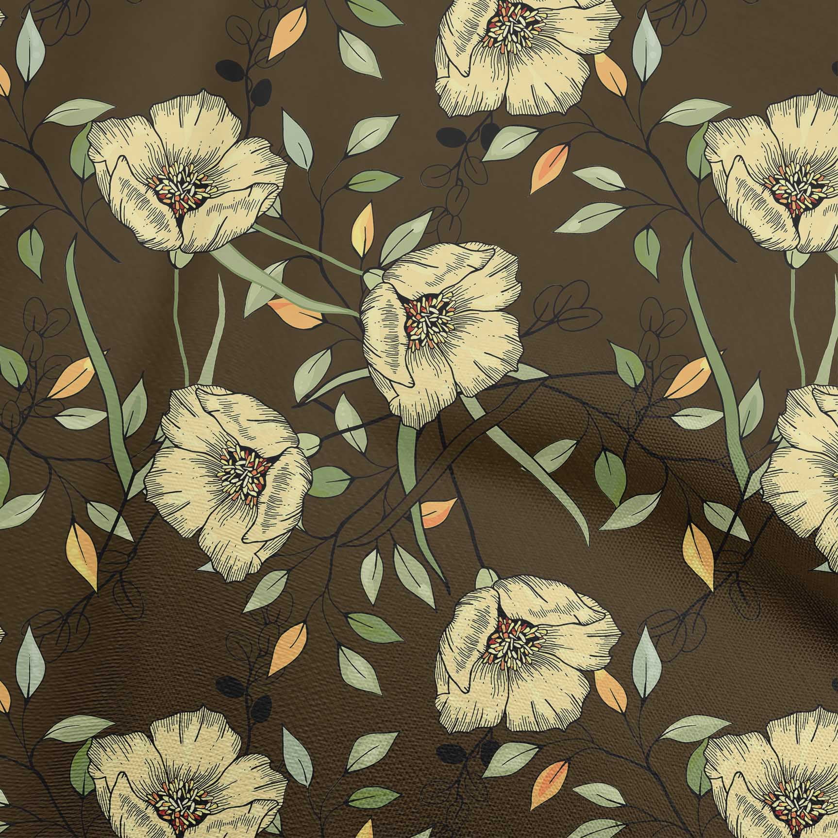 oneOone Cotton Cambric Brown Fabric Floral Quilting Supplies Print ...