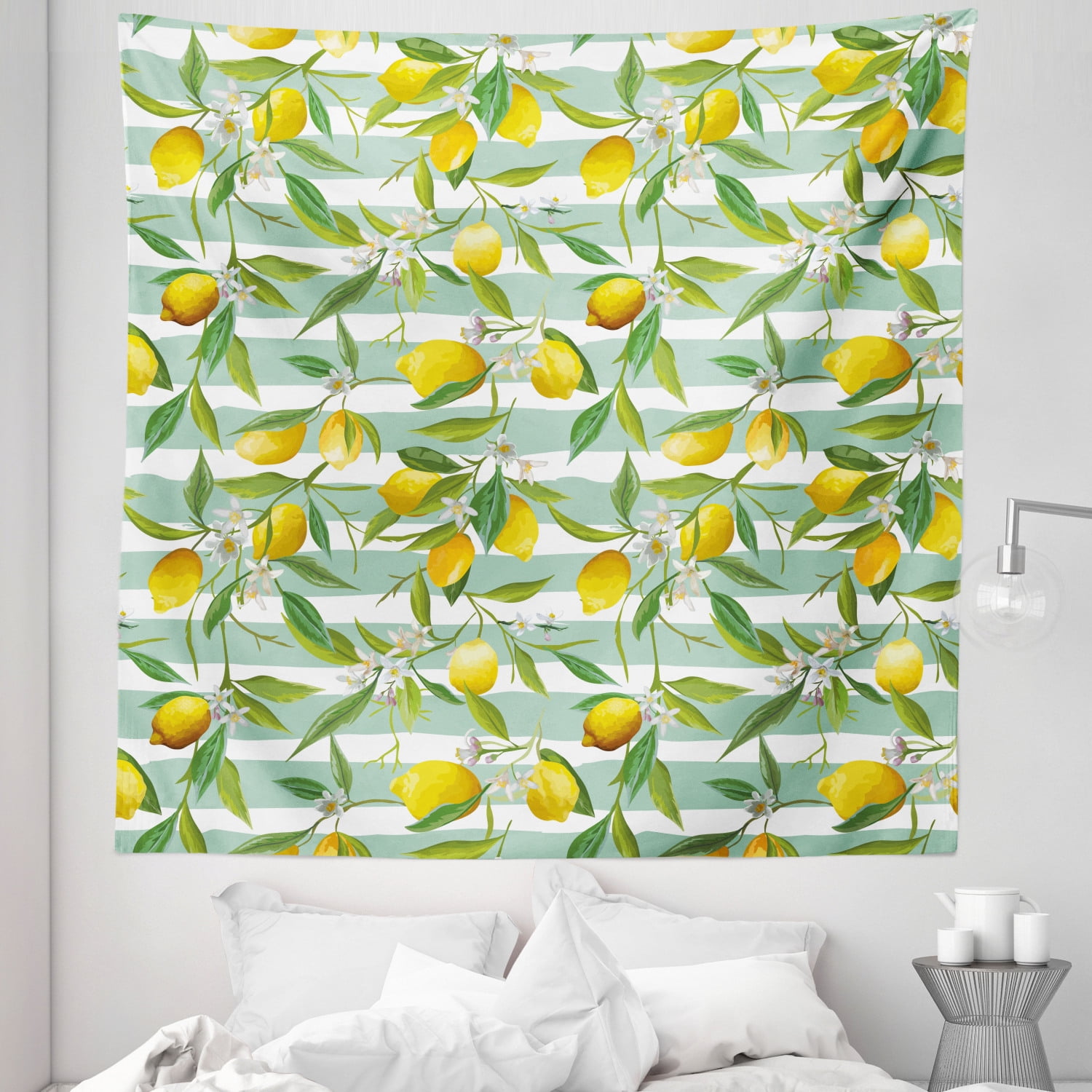 Art Tapestry, Blooming Lemon Tree on Striped Paintbrush Background ...