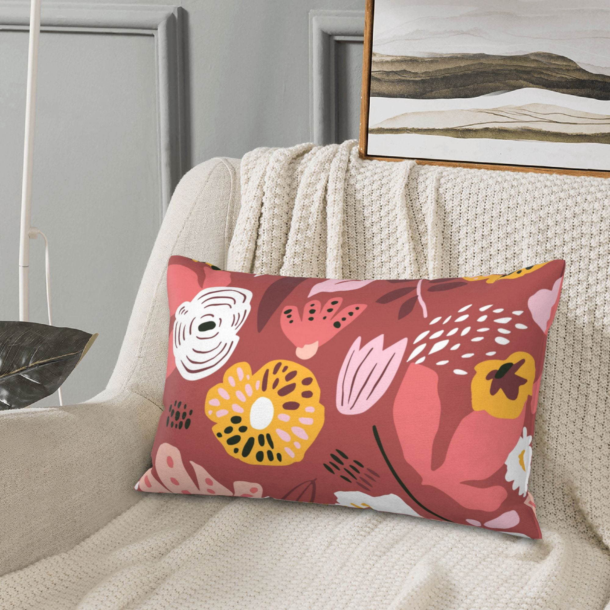 ZNDUO Rectangular Plush Cushion Cover, Autumn Watercolor Pink Flowers ...