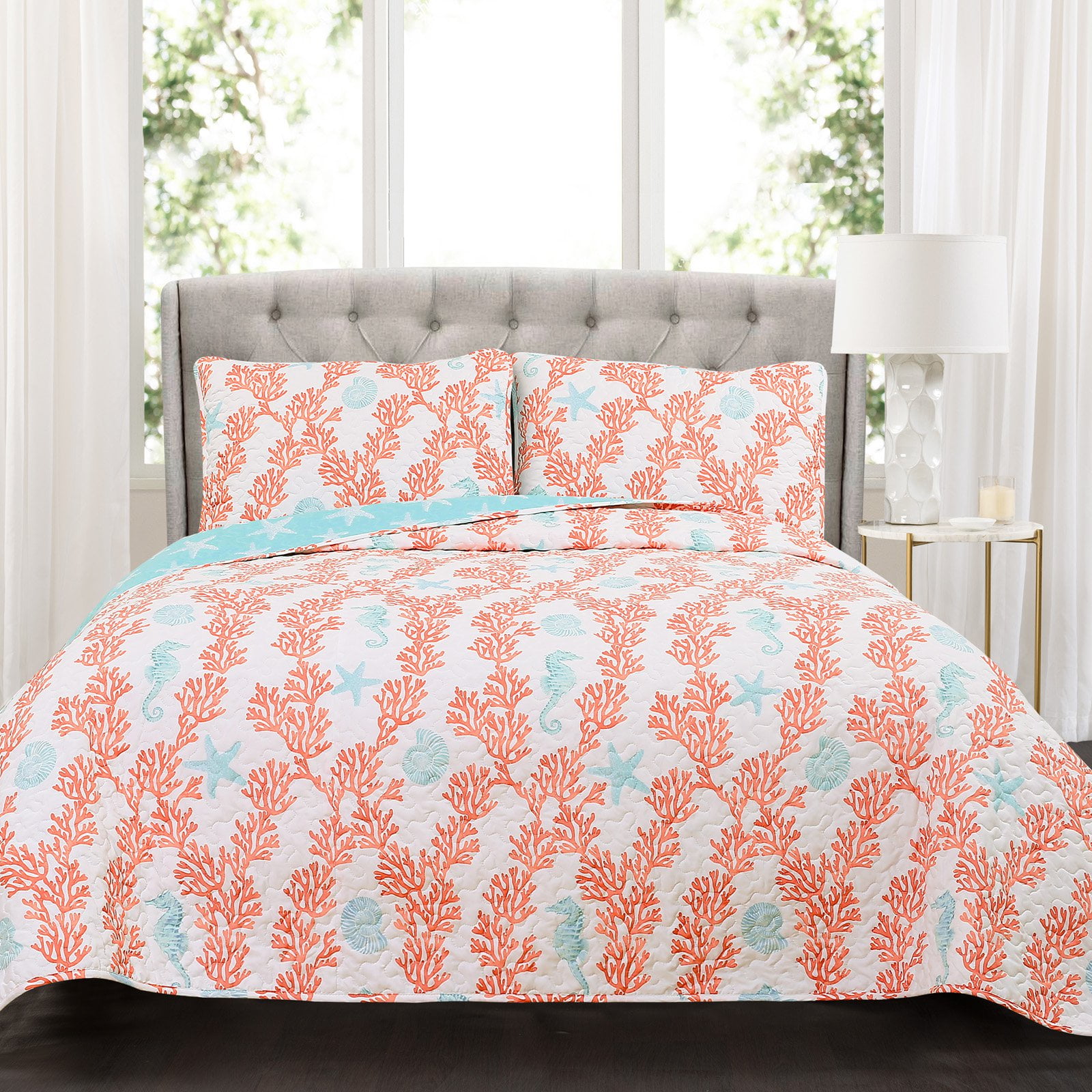 Lush Decor Dina Coral Coastal Cotton Reversible Quilt King Blue Coral