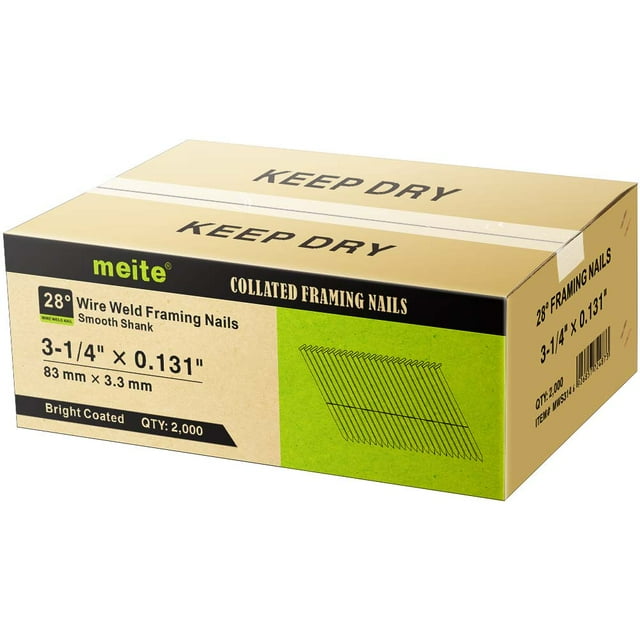 meite 28 Degree Framing Nails, 3-1/4" * .131" Wire Weld Collated Smooth ...