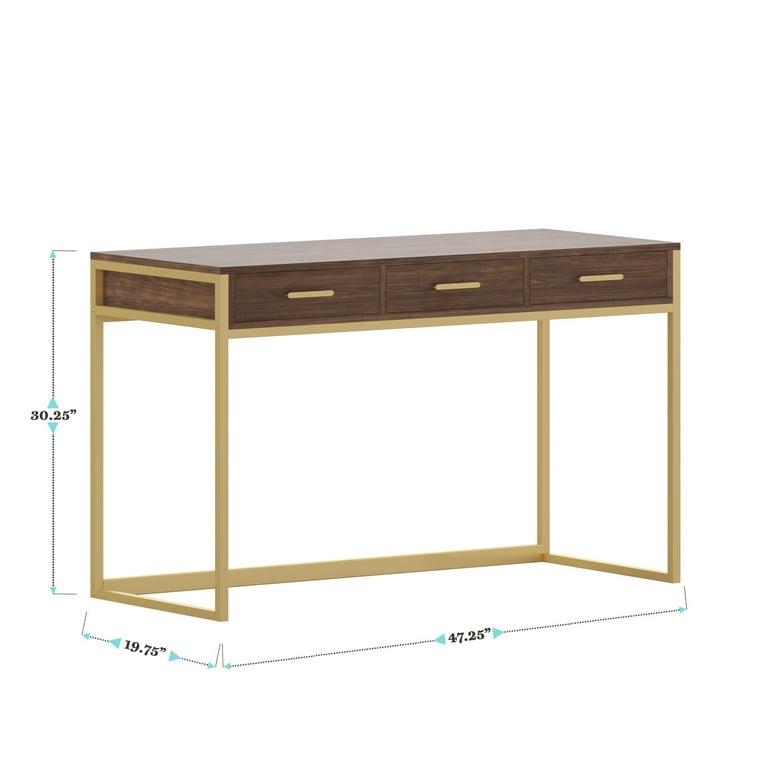 Martha Stewart Ollie 47 W Home Office Desk with 3 Drawers Walnut Polished Brass ZGZP028BRGLD