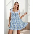Blue Floral Tie Shoulder Mini Dress Square Neck Loose Fit Sundress ...