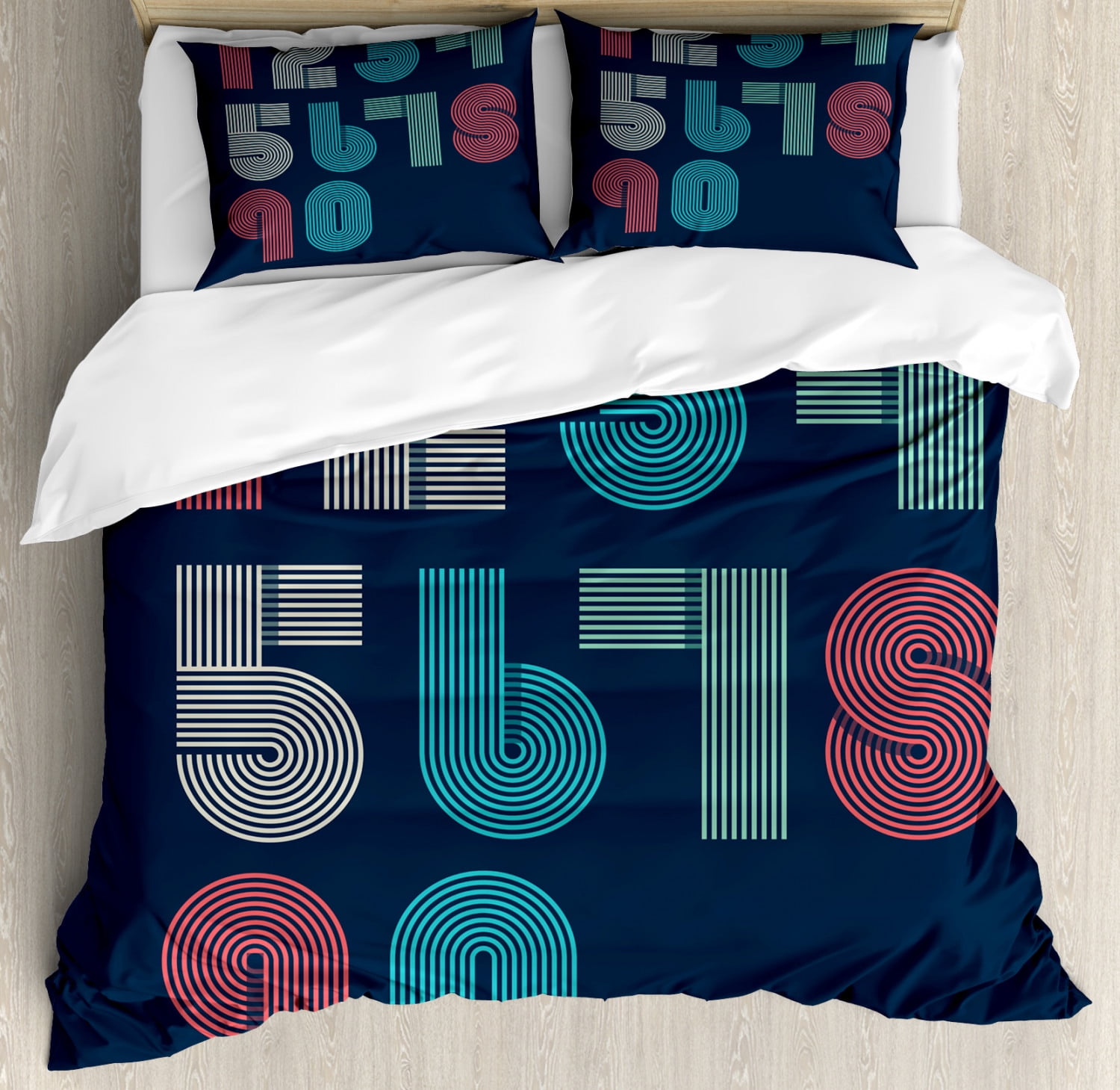 Number Queen Size Duvet Cover Set, Retro Style Striped Funky ...