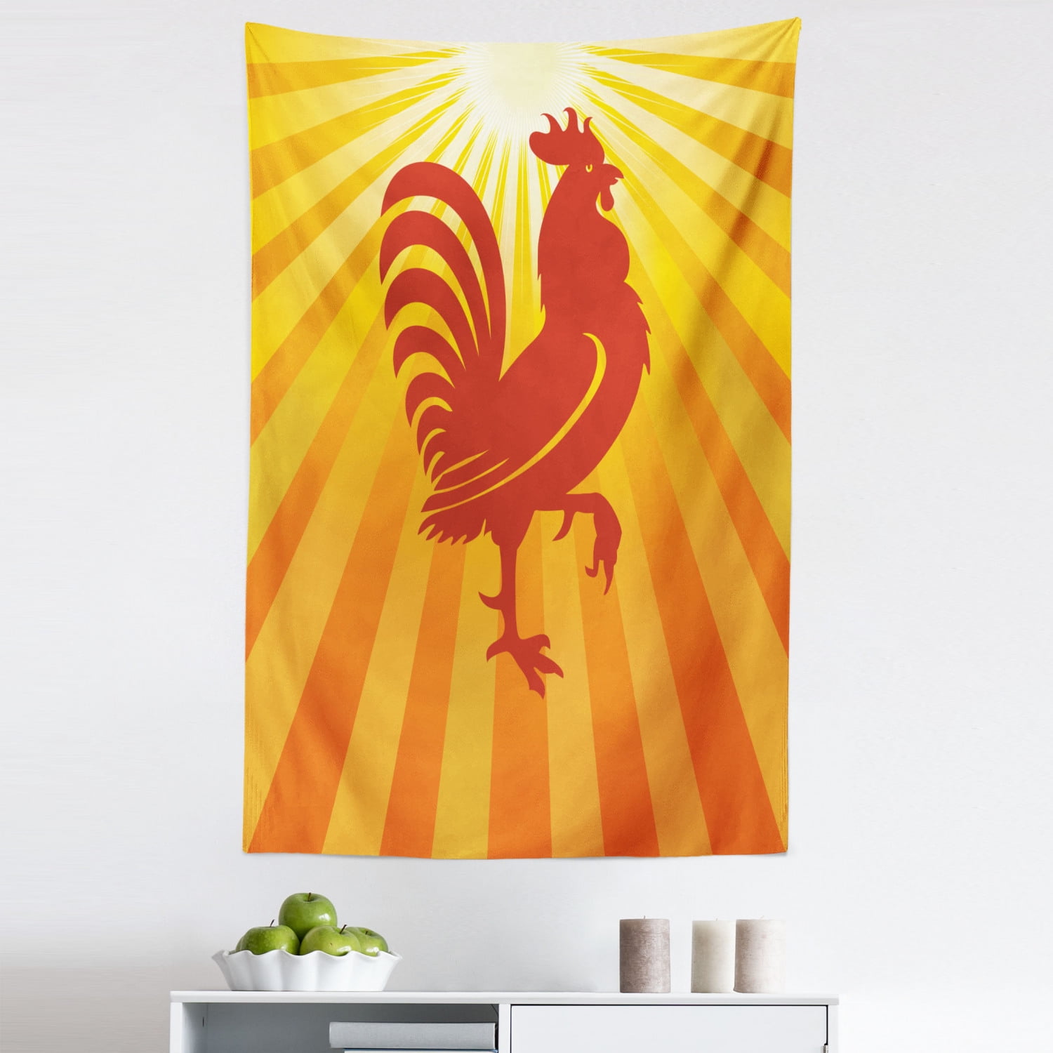 Rooster Tapestry, Morning Time Illustration in Orange Color Palette ...