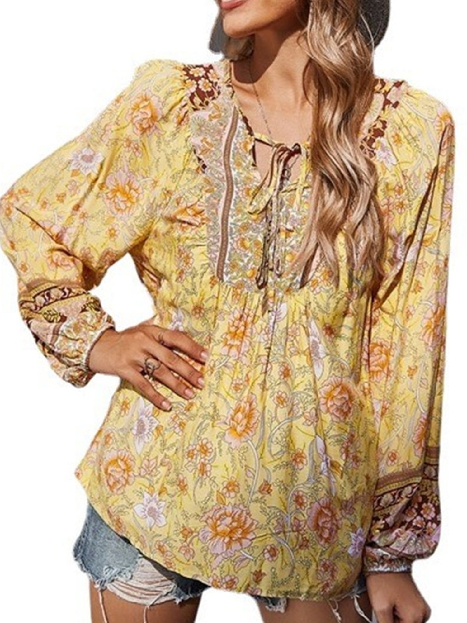 LilyLLL Womens Long Sleeve Boho Floral Tunic Tops Plus Size Blouse ...
