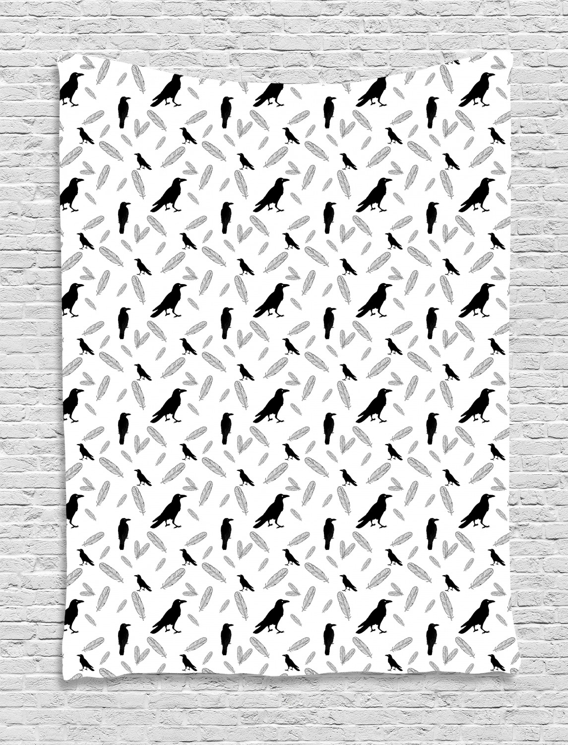 Black Crow Tapestry, Silhouette Style Birds and Outline Drawn Feather ...