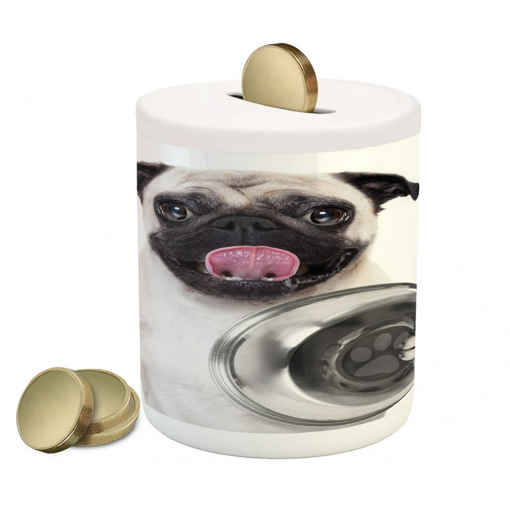 Pug Piggy Bank, Pug Holding Food Bowl and Licking Its Lips Hunger Image ...