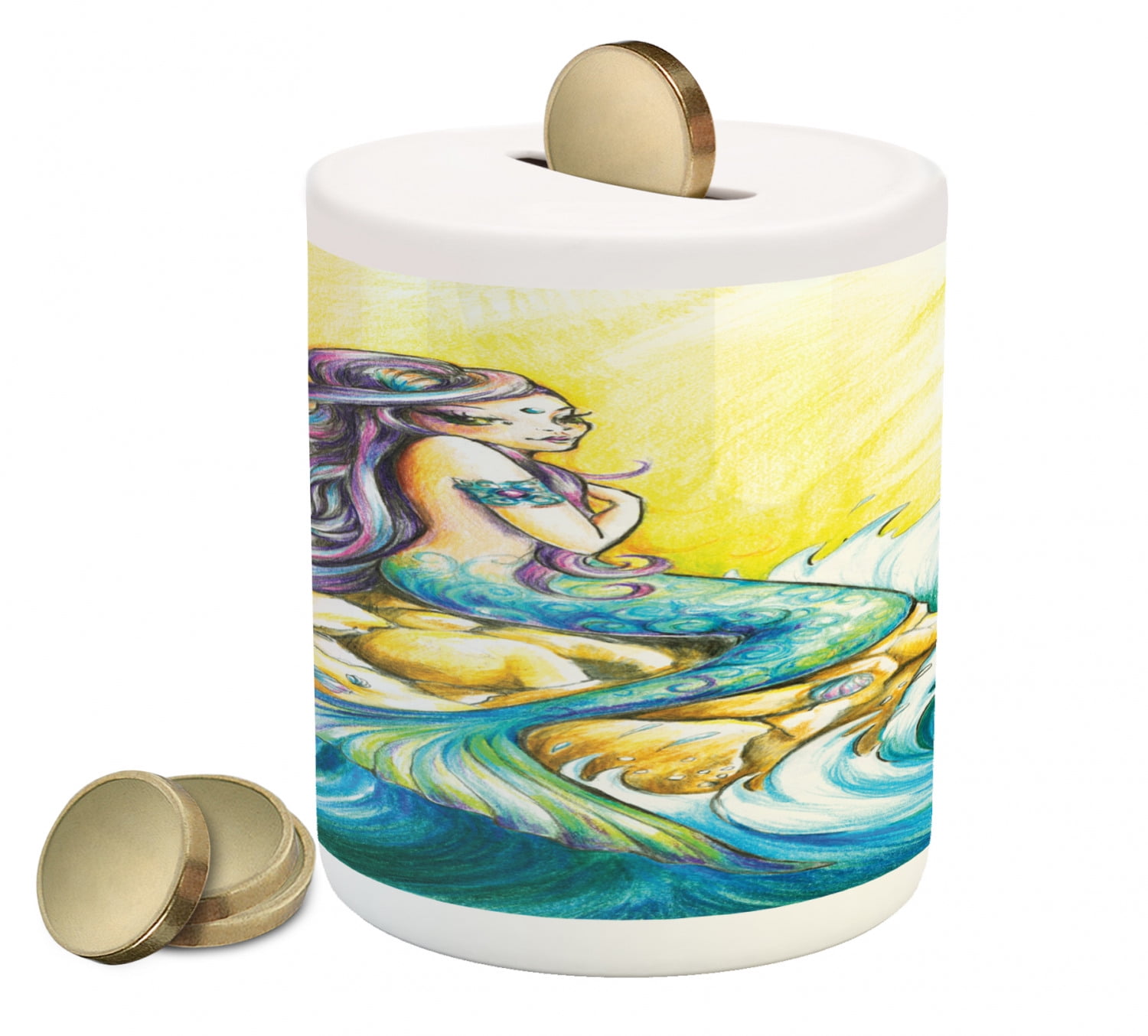 Mermaid Piggy Bank, Mermaid Sitting on Rock Sunny Day Colored Pencil ...