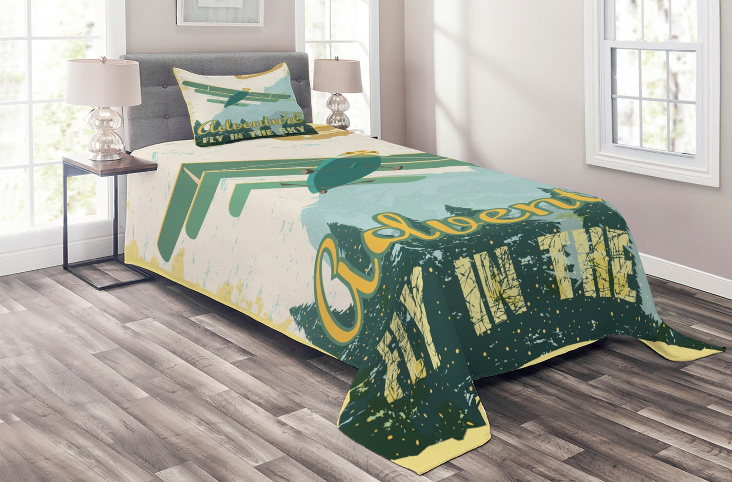 Vintage Coverlet Set Twin Size, Old School Plane in the Sky Trees ...