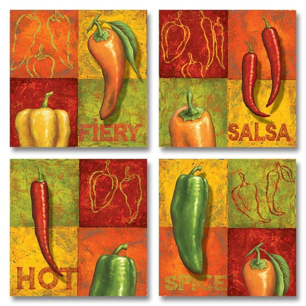 Prints Giclée Chilli Water Splash Kitchen CANVAS WALL ART Four Panel ...
