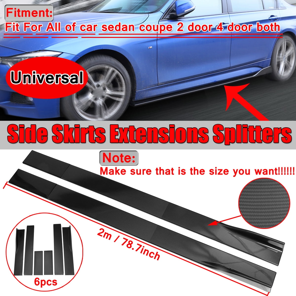 6pcs Set Car Universal Side Skirts Extension 78.7Inch/2m Splitters Body ...
