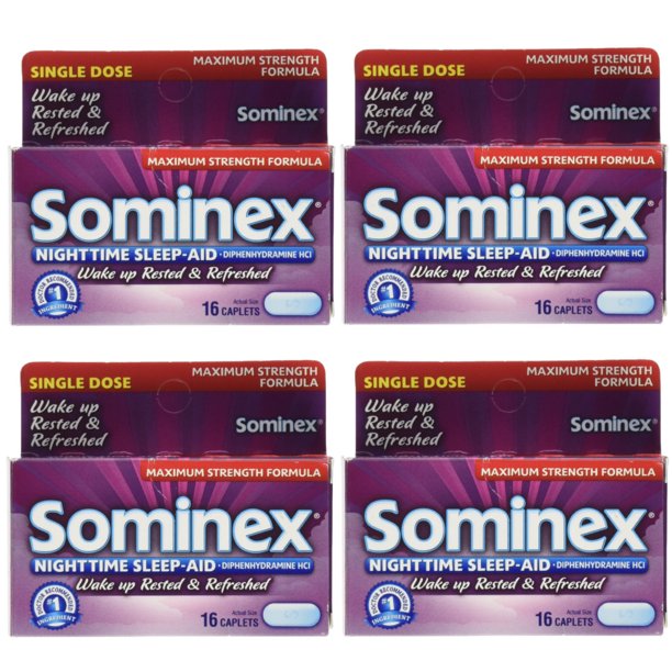 4 Pack Sominex Nighttime Sleep-Aid Maximum Strength 16 Caplets Each ...