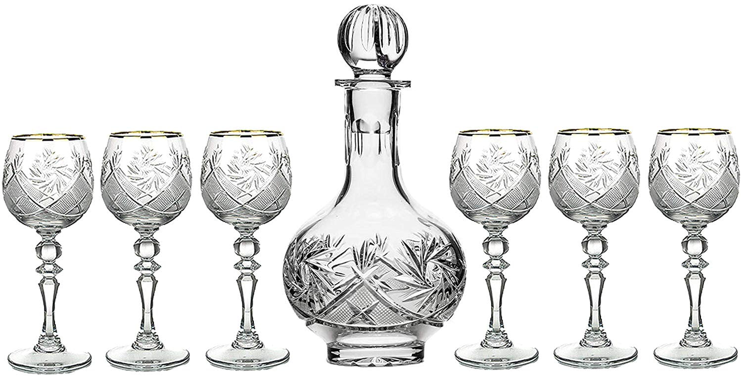 7 Piece Russian Crystal Vintage Vodka Set 16 Oz Decanter Carafe W 6 Shot Sherry Liquor Shooter