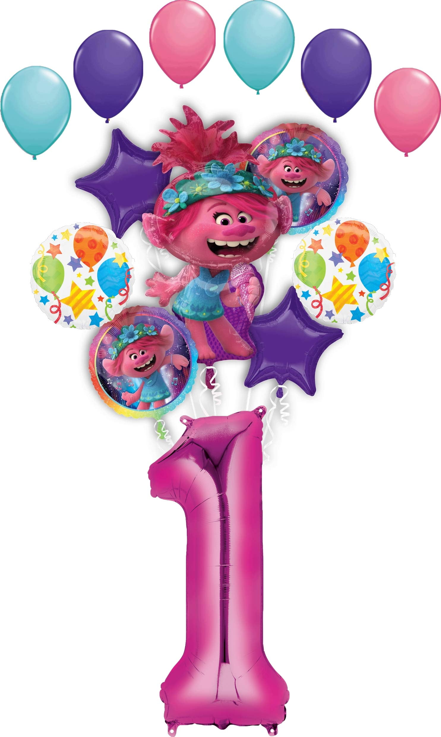 Trolls World Tour 1st Birthday Party Supplies Poppy Balloon Bouquet ...