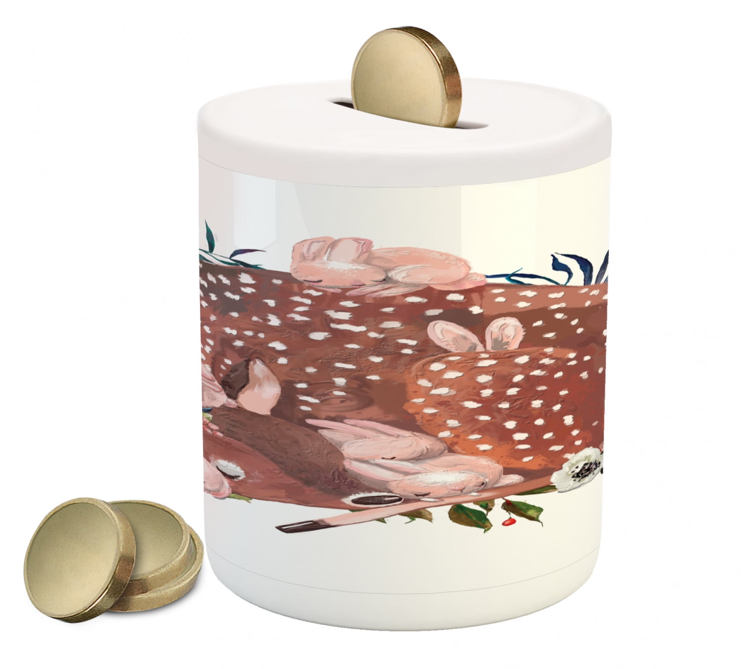 Deer Piggy Bank, Illustration of a Deer with Hares Sleeping in the ...