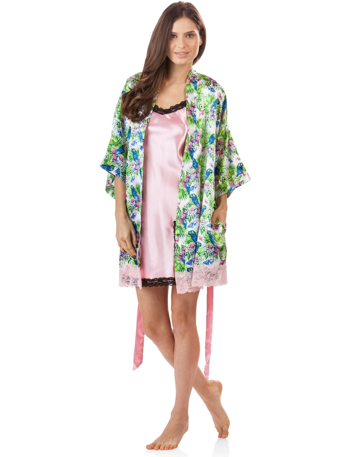 Ashford & Brooks Women's 2 Piece Satin Robe and Nightie Set - Tropical ...