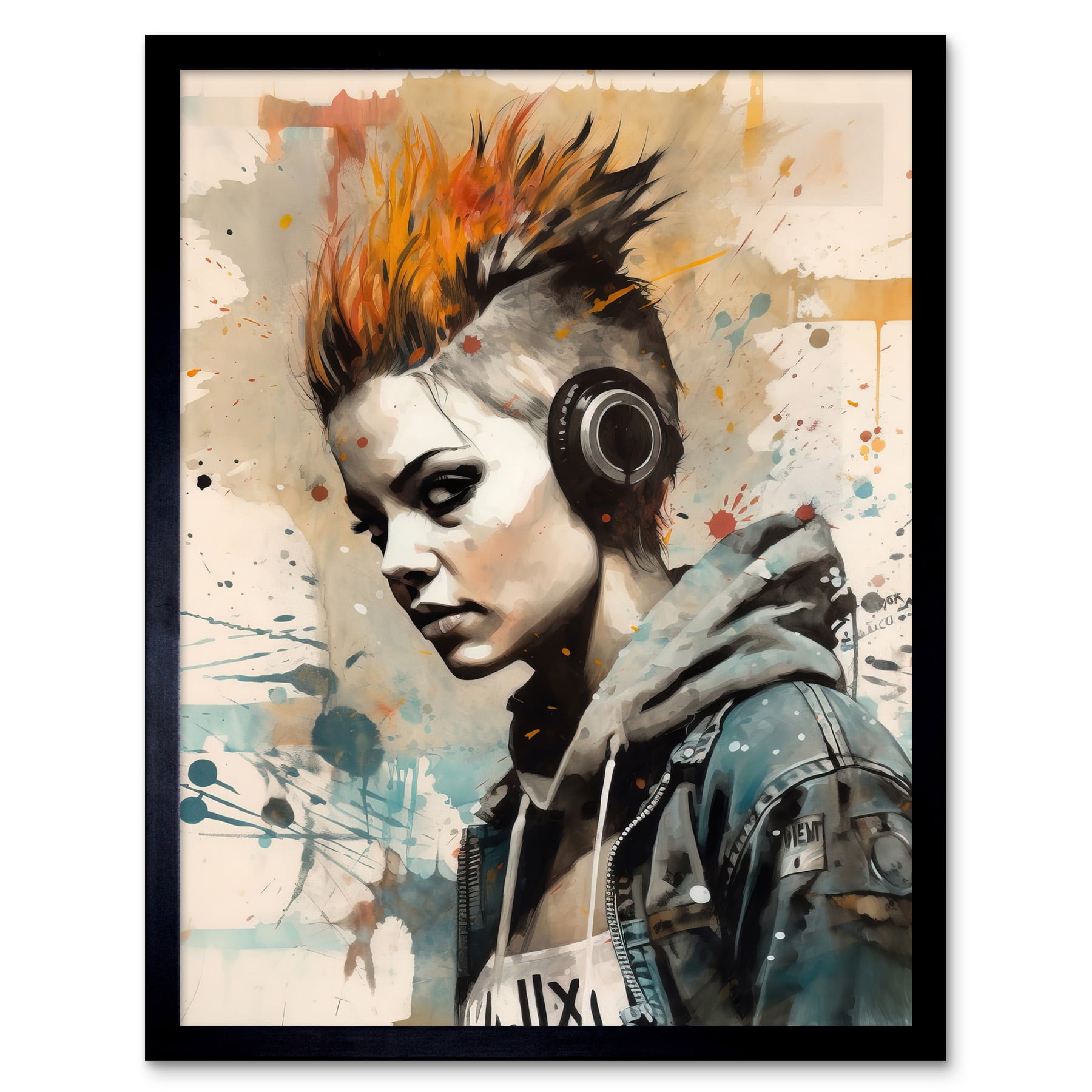 Angry Young Woman with Mohawk Hair and Headphones Modern Watercolour ...