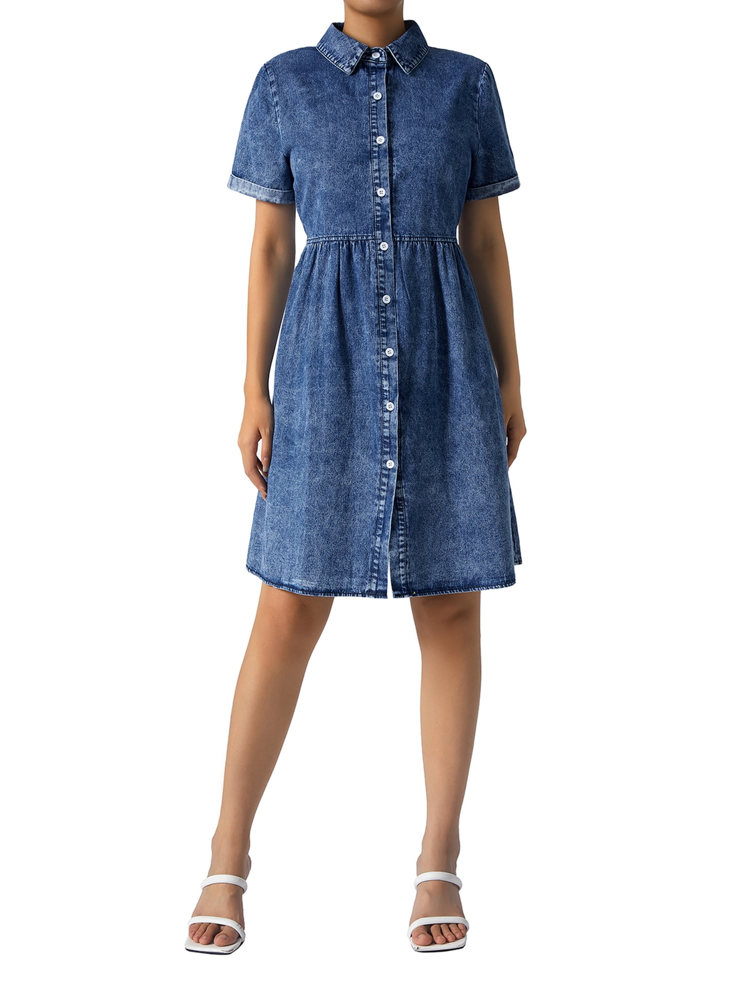Douhoow Women Denim Dress Summer Solid Color Lapel Short Sleeve Buttons ...