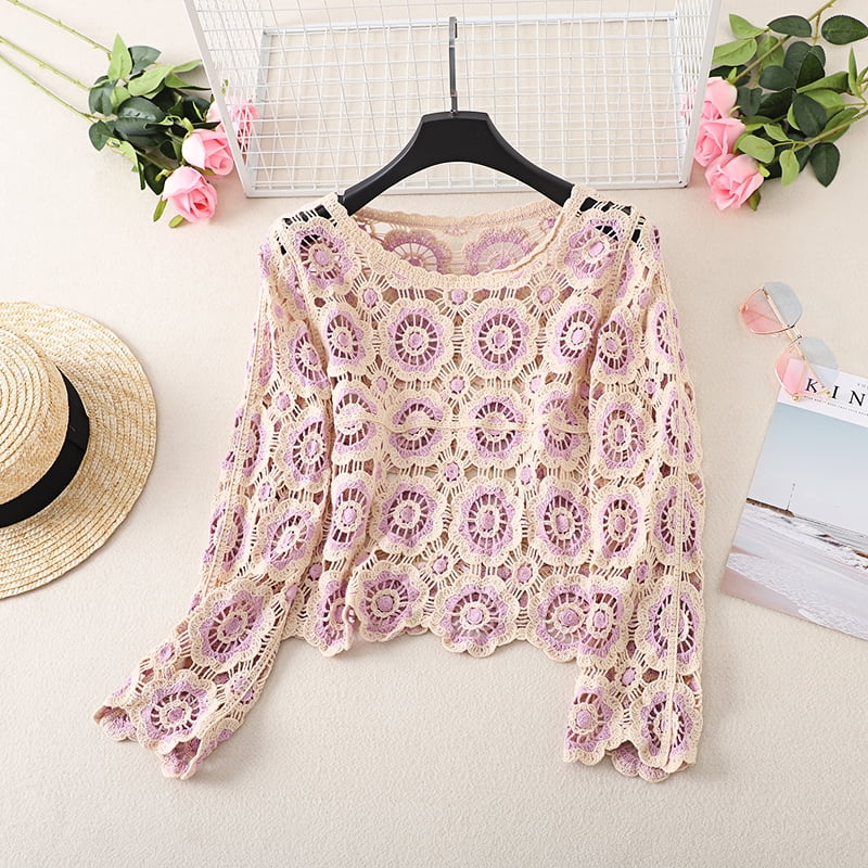Douhoow Women Knit Cardigan See Through Sweater Retro Colorful Print ...