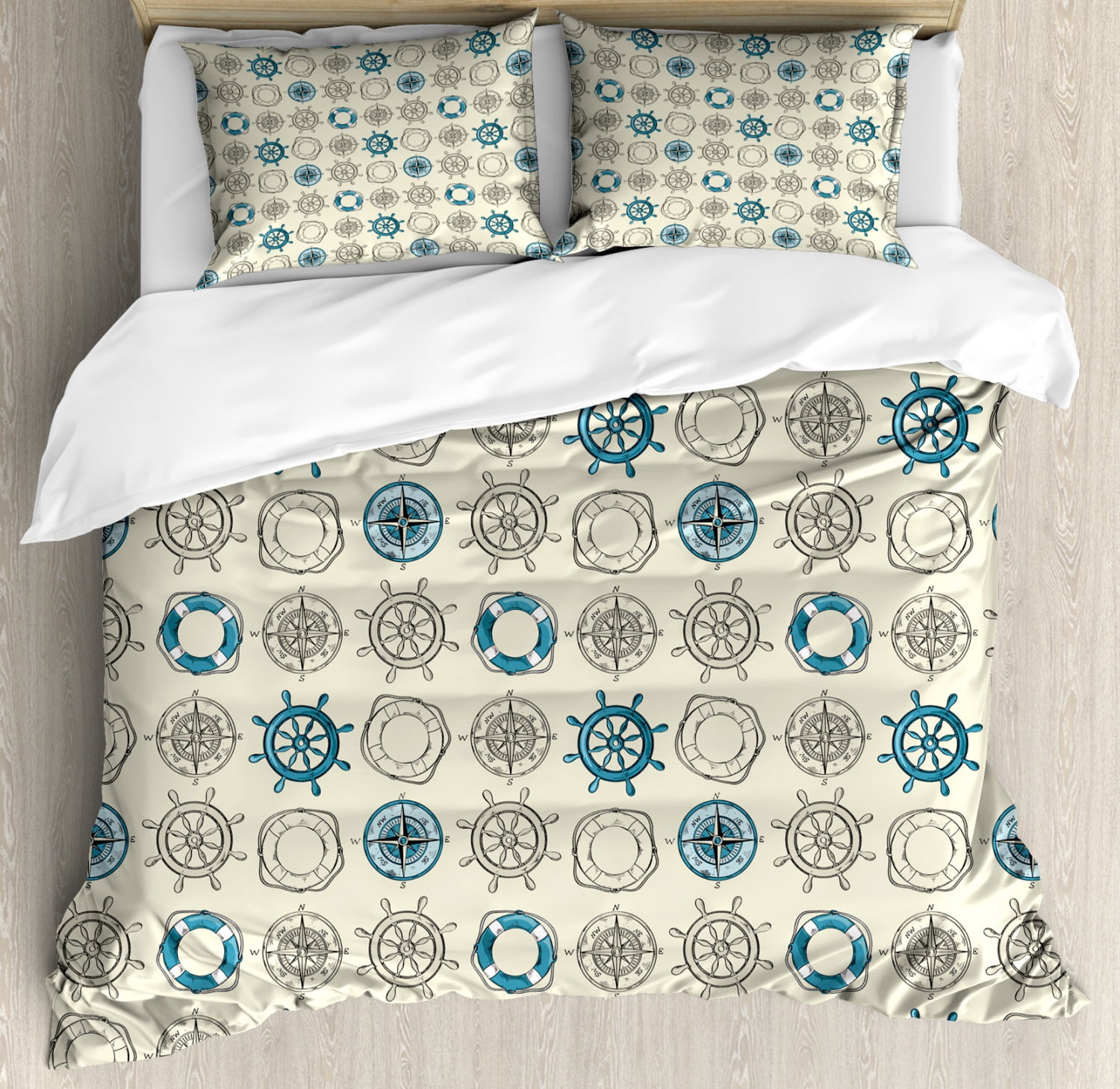 Compass Duvet Cover Set Queen Size, Marine Themed Doodle Art Vintage ...