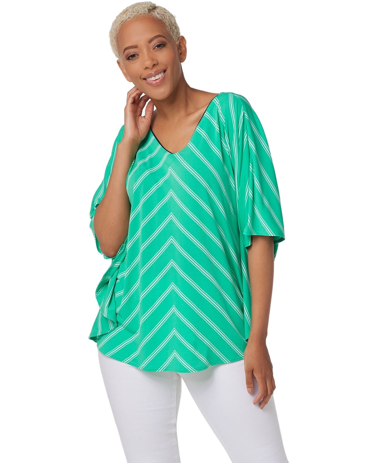 Susan Graver Susan Graver Womens Striped Liquid Knit V Neck Scarf Top