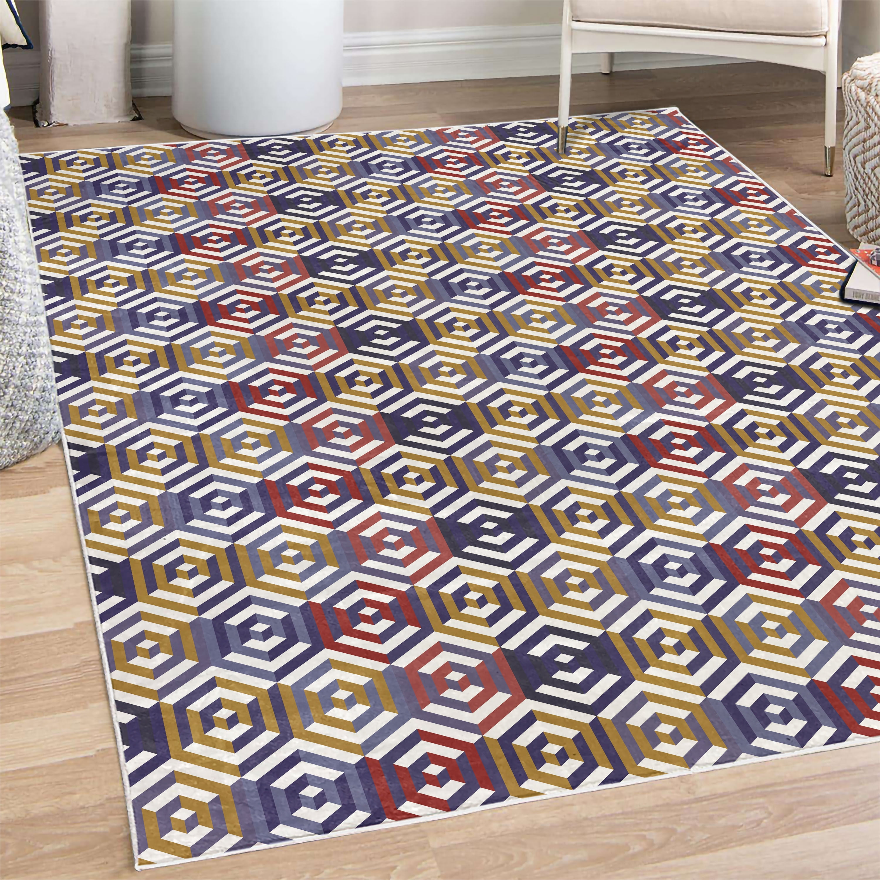 Geometric Decorative Rug, Abstract Cubes Isometric Hexagonal Shaped ...