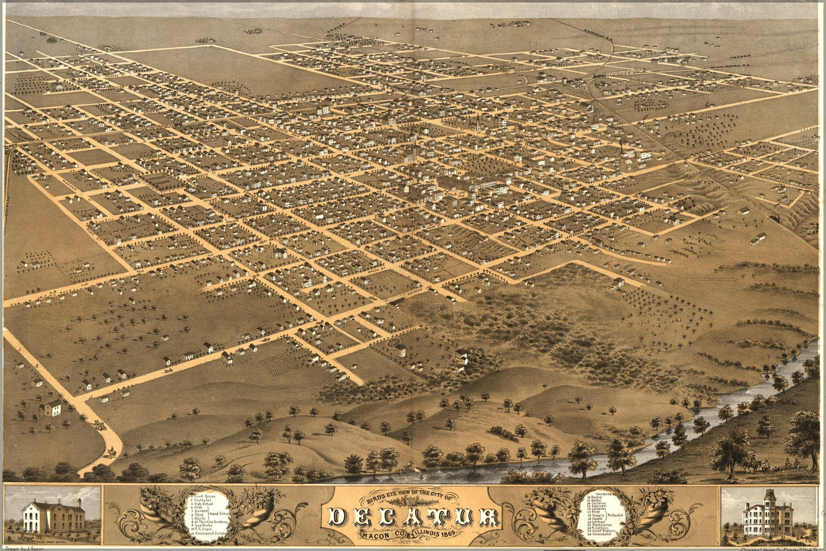 24"x36" Gallery Poster, Birdseye view map of Decatur, Illinois 1869 ...