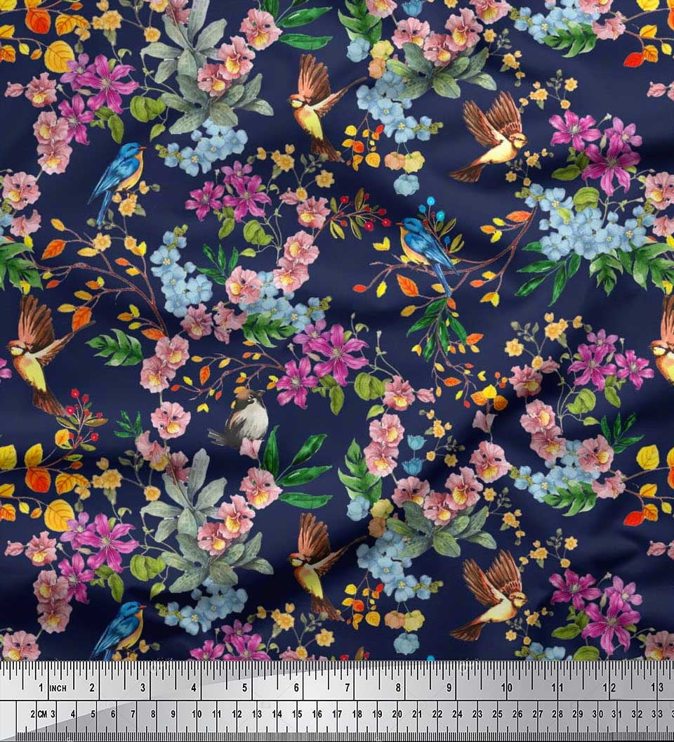 Soimoi Blue Japan Crepe Satin Fabric Floral,American Robin & Bluebird ...
