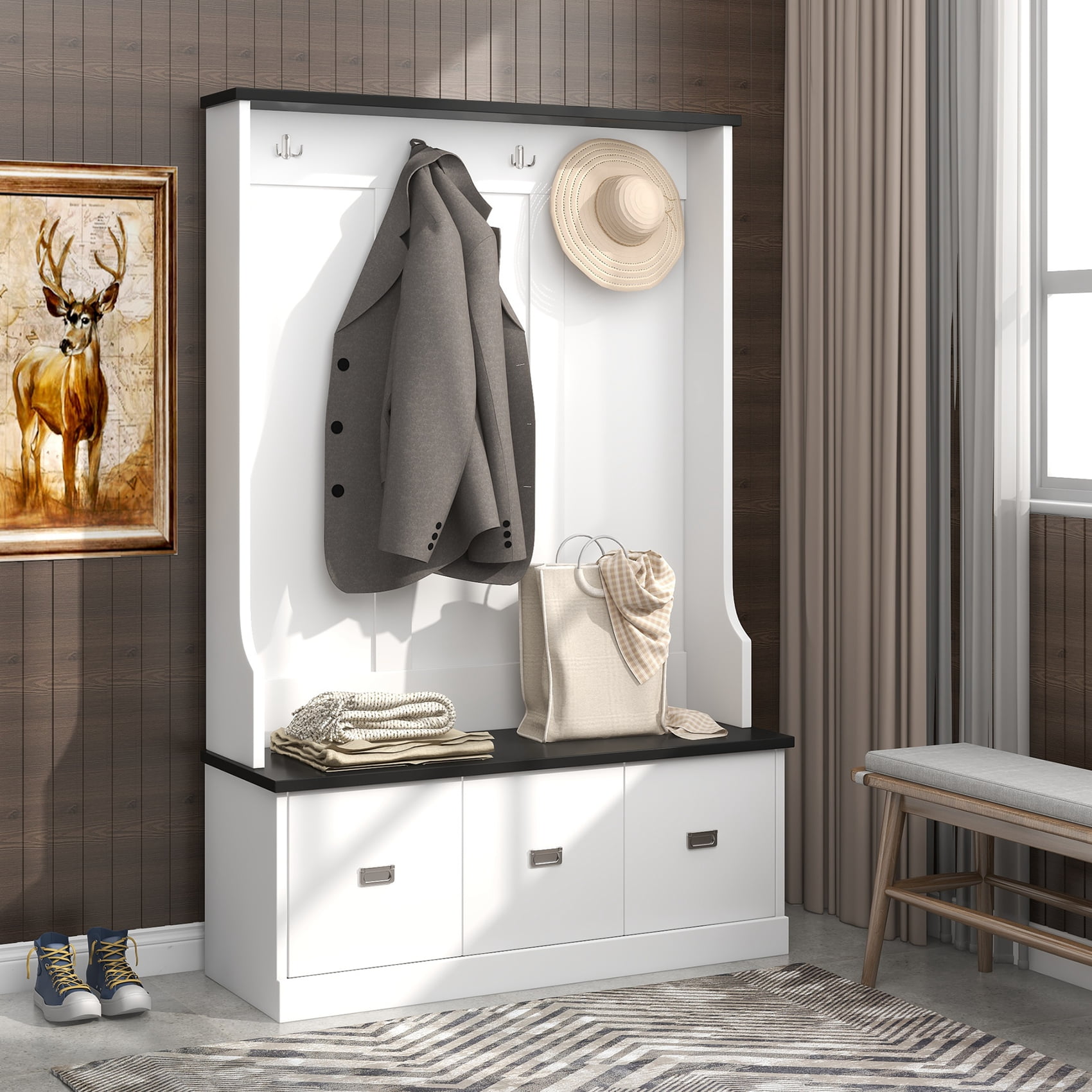 Hall Tree with Bench and Shoe Storage, 3 in 1 Entryway Bench With Coat ...