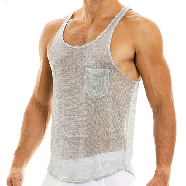 INCERUN Men's Sexy Shiny Metallic Feel Mesh See-through Round Neck Tank ...