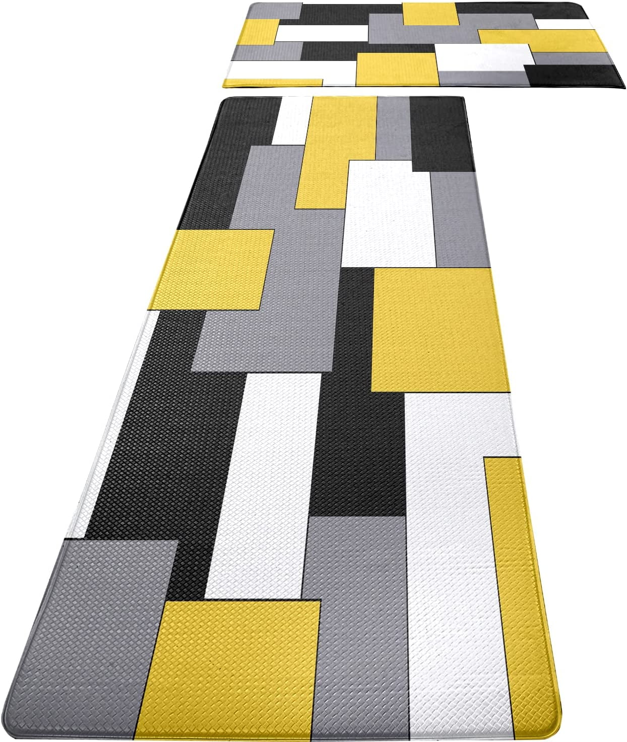 Yellow Black Grey White Kitchen Rugs and Mats Set of 2 Cushioned Anti ...