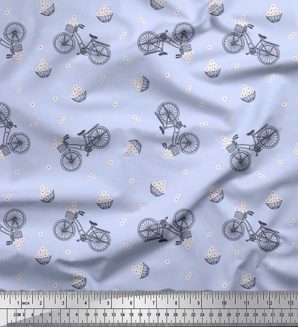 Soimoi polyester Crepe Fabric Flower Basket & Bicycle Transport Print ...
