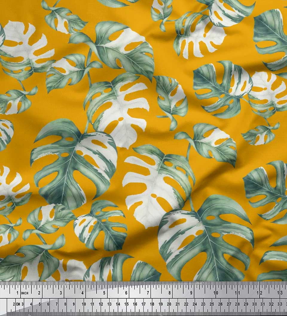 Soimoi Gold Velvet Fabric Monstera Leaves Print Fabric by the Yard 58 ...