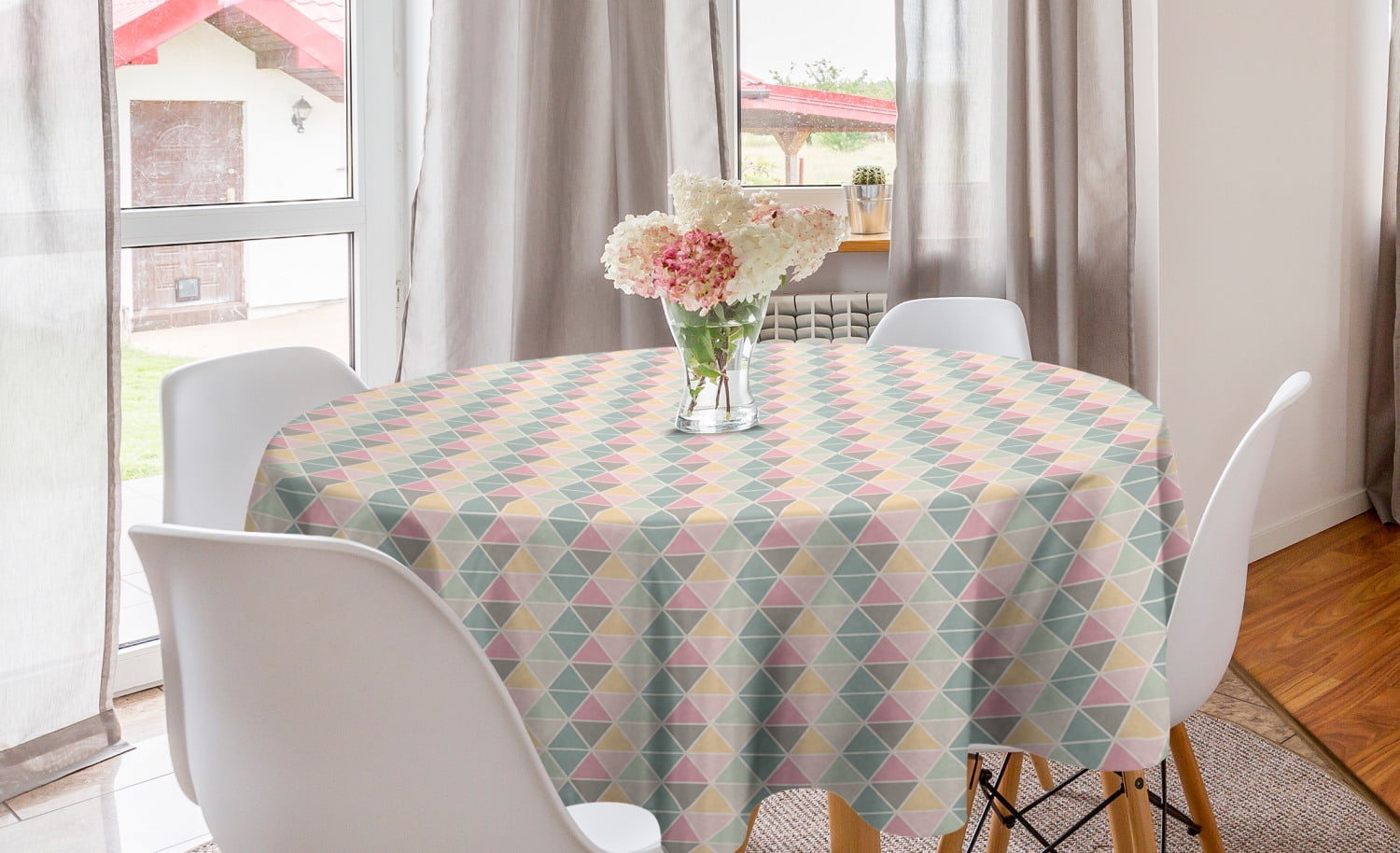 Geometric Round Tablecloth, Abstract Form with Triangles Rhombus Zig ...