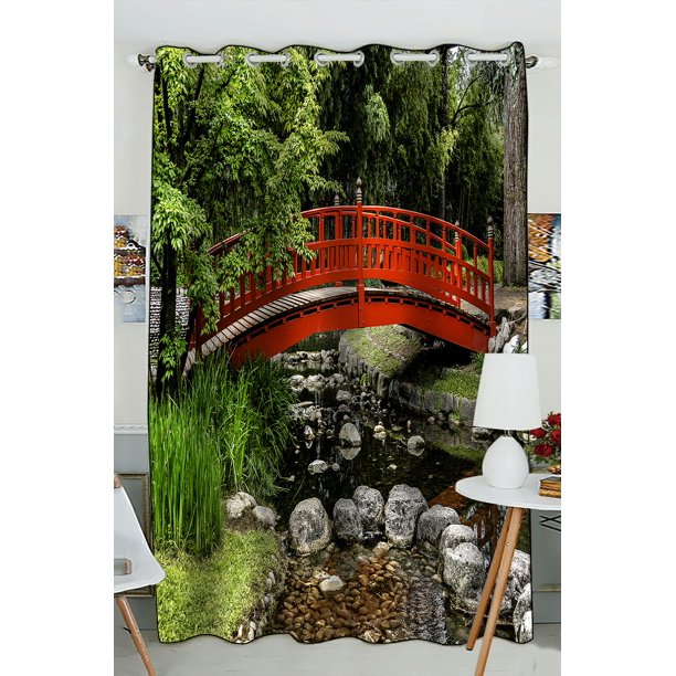 Phfzk Asian Window Curtain Landscape With Japanese Bridge Window