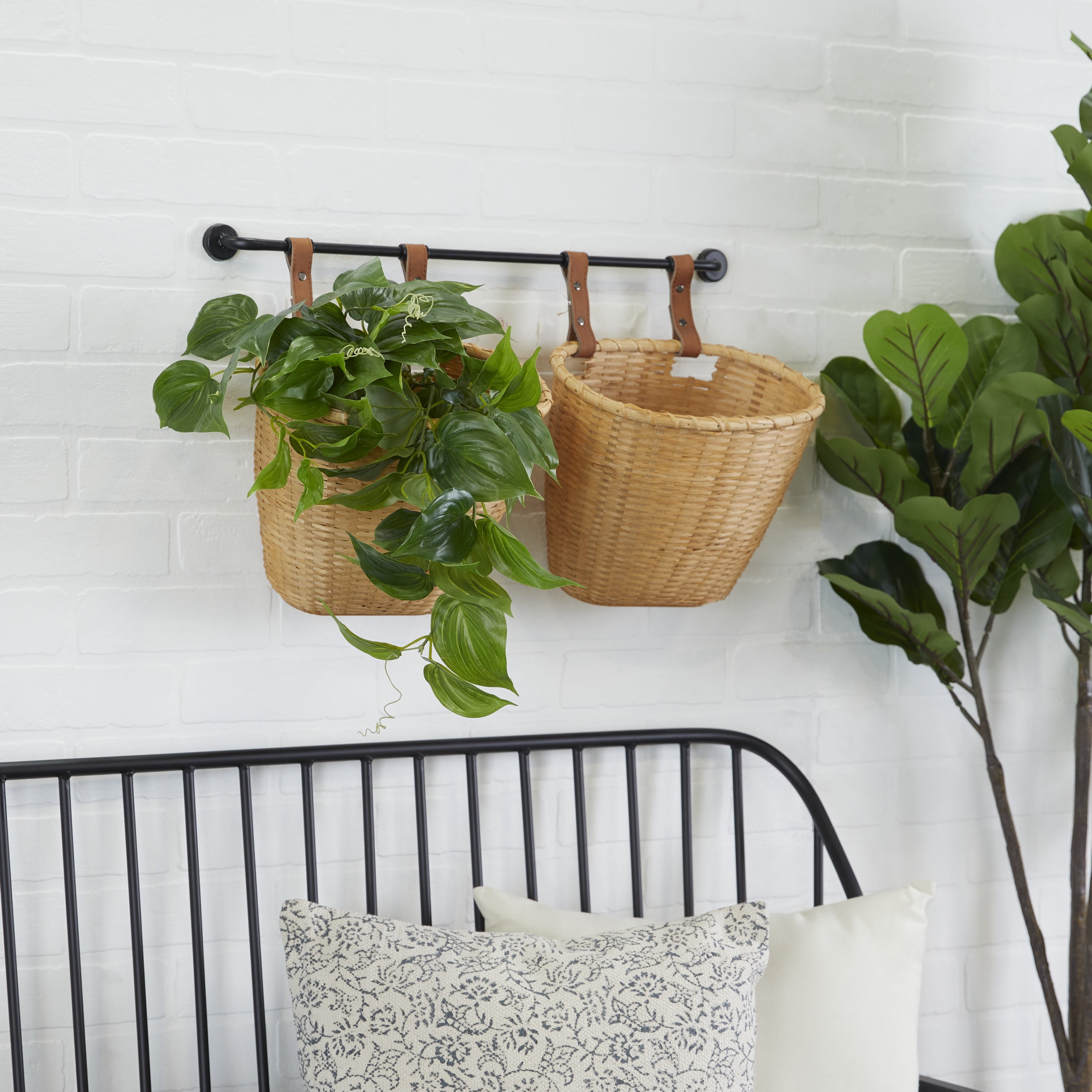 DecMode 23" x 14" Brown Bamboo Hanging Kitchen Wall Basket with Black ...