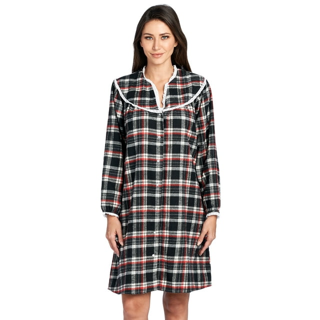 Ashford And Brooks Womens Flannel Plaid Long Sleeve Snap Front Lounge