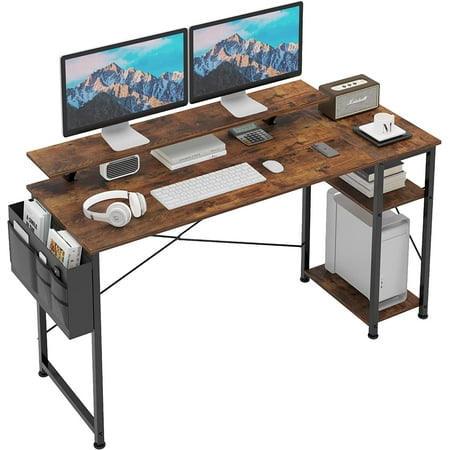 39 Inch Computer Desk with Monitor Stand & 2-Tier Storage Shelves, Home ...