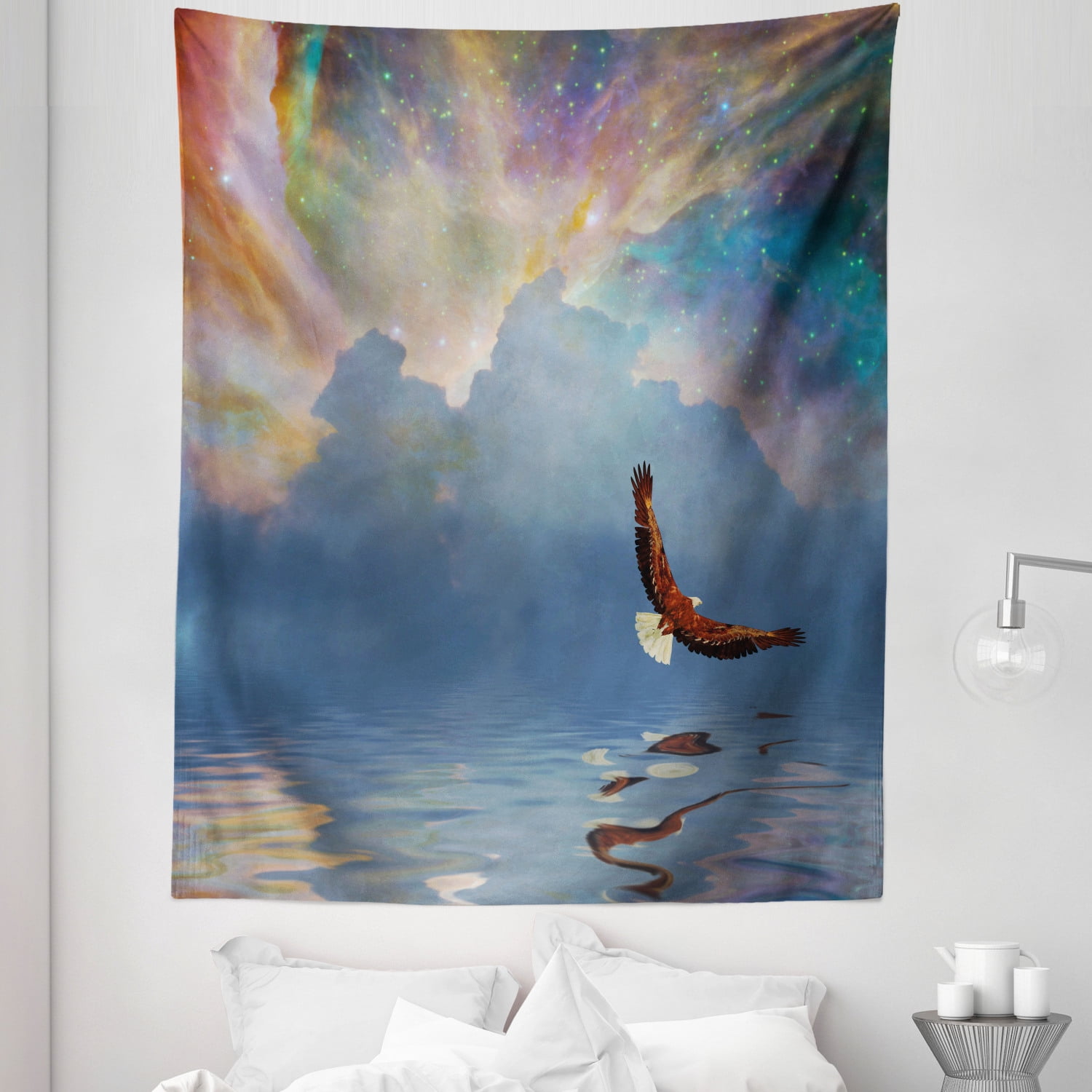 Eagle Tapestry, Majestic Huge Bird Flying Above the Sea into the Starry ...