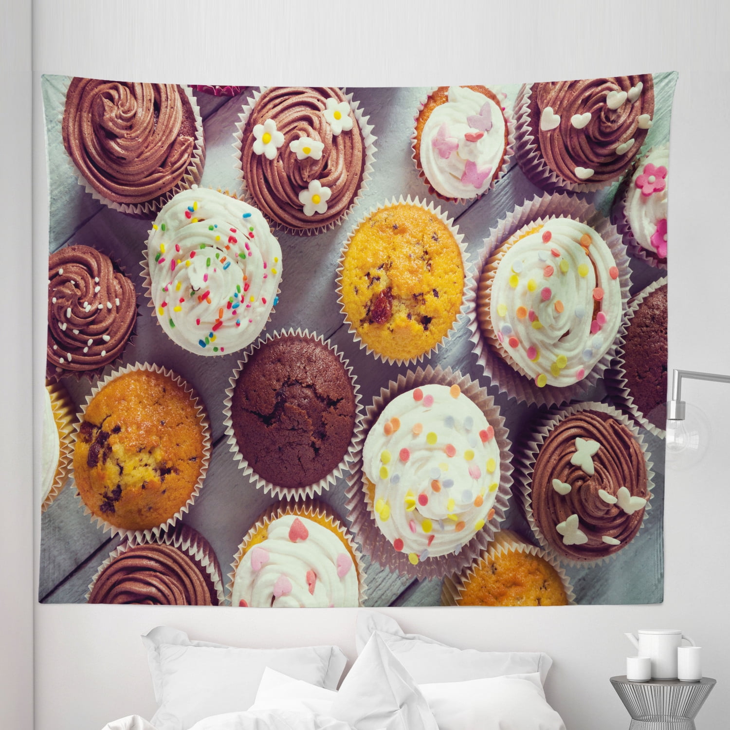 Cupcakes Tapestry, Delicious Creamy Muffins Top View Shot Cuisine Food ...