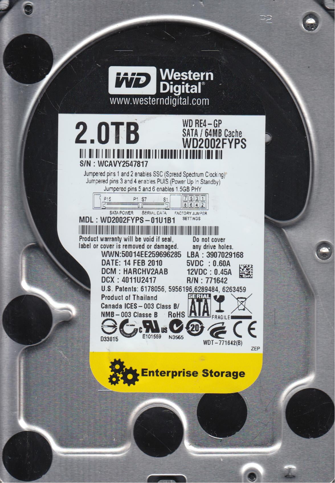 WD2002FYPS-01U1B1, DCM HARCHV2AAB, Western Digital 2TB SATA 3.5 Hard ...