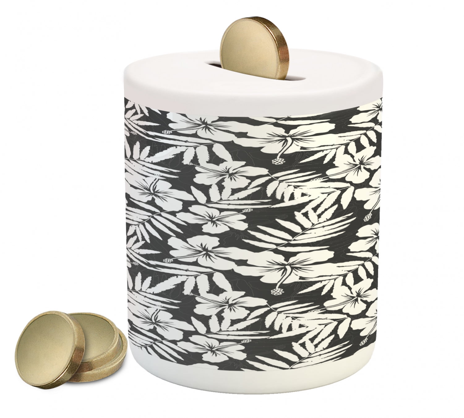 Tropical Piggy Bank, Artisan Exotic Hibiscus Flowers Fern Leaves ...
