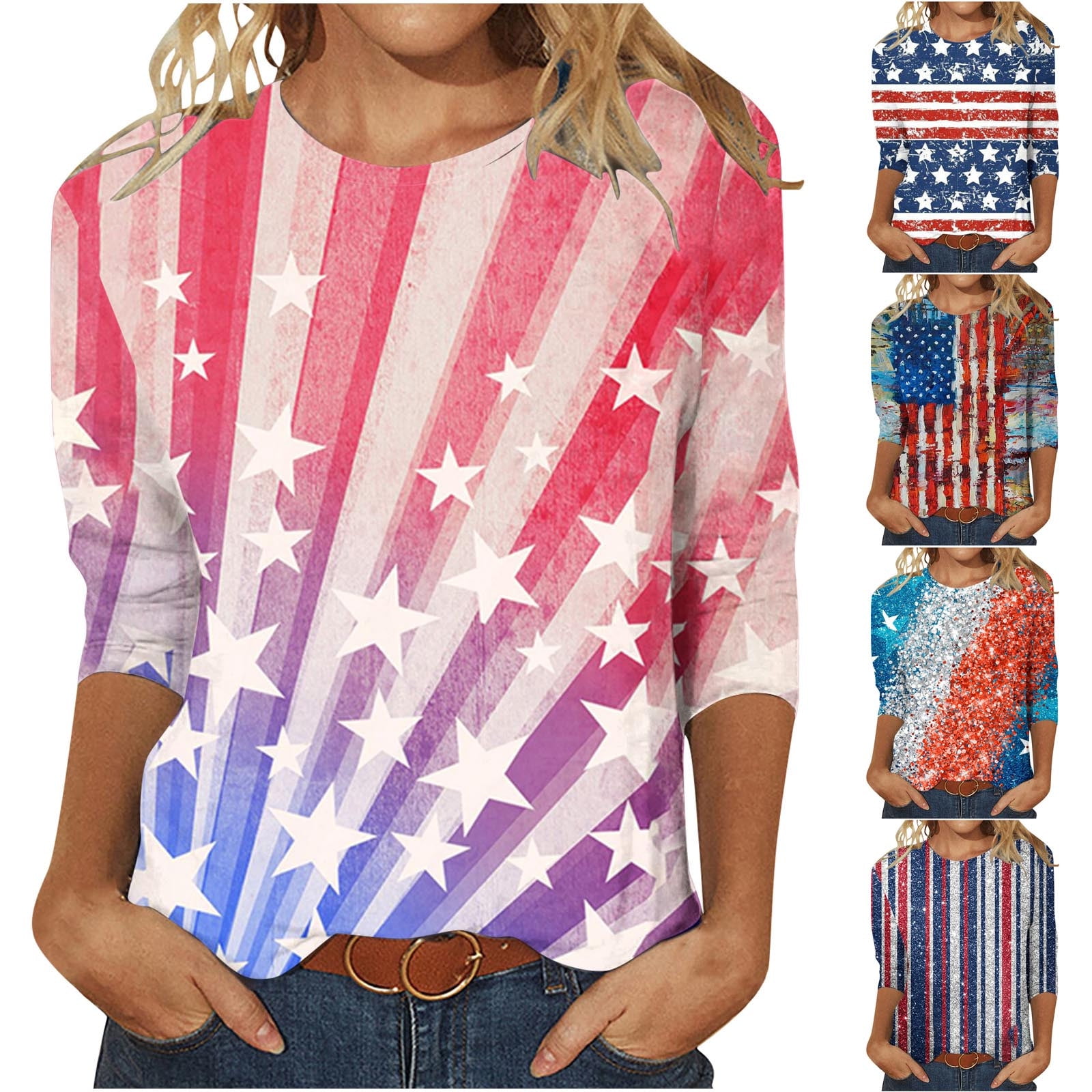 Apexfwdt American Flag Shirt Tops Womens Casual 3 4 Sleeve 4th Of July