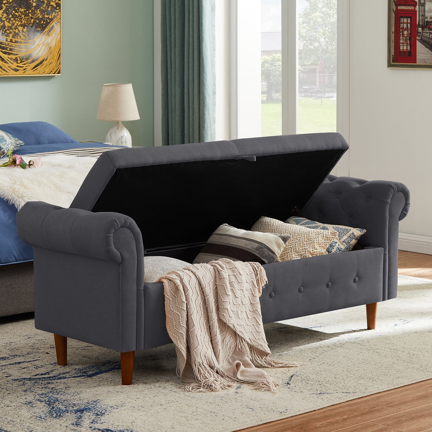 Classic Large Storage Ottoman Bench with Tufted Rolled Arms and Wood ...