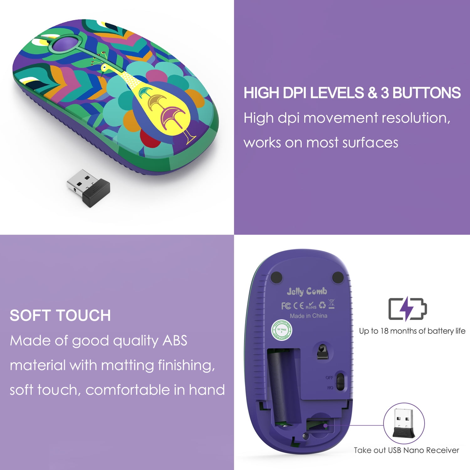 Buy 2 Pack Jelly Comb 2.4G Wireless Mouse with Nano Receiver, Noiseless ...