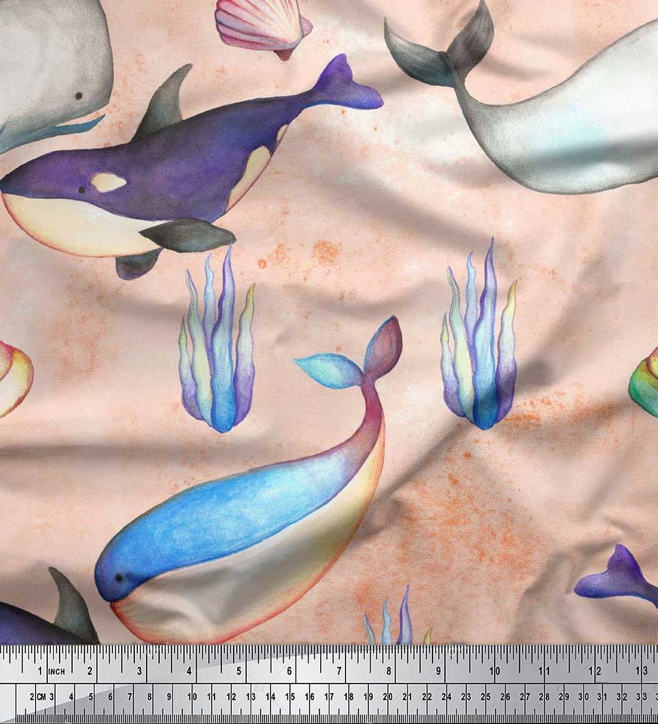 Soimoi Pink Cotton Duck Fabric Shell & Whale Fish Ocean Print Fabric by ...
