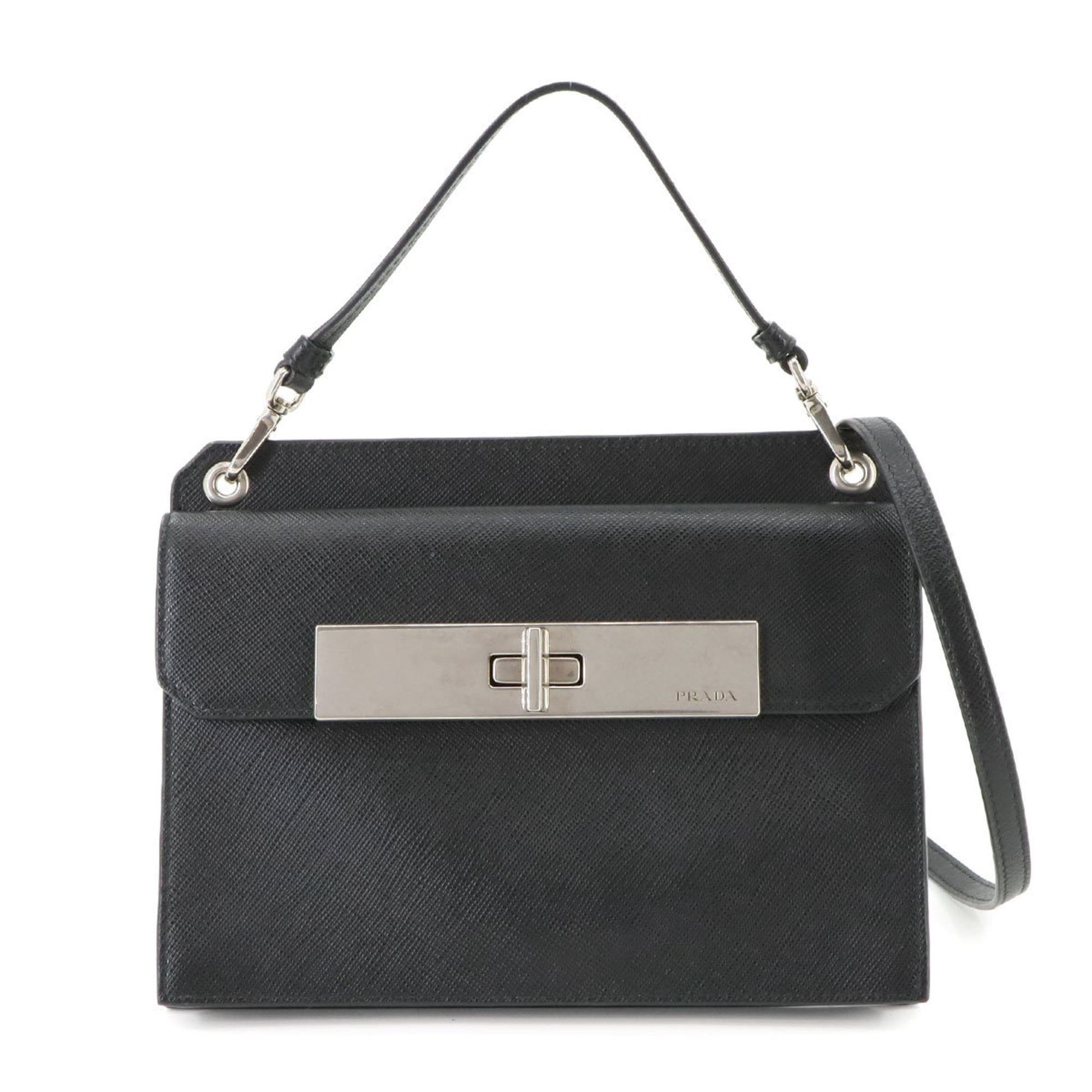 Pre-Owned PRADA Saffiano 2way hand shoulder bag leather black silver ...
