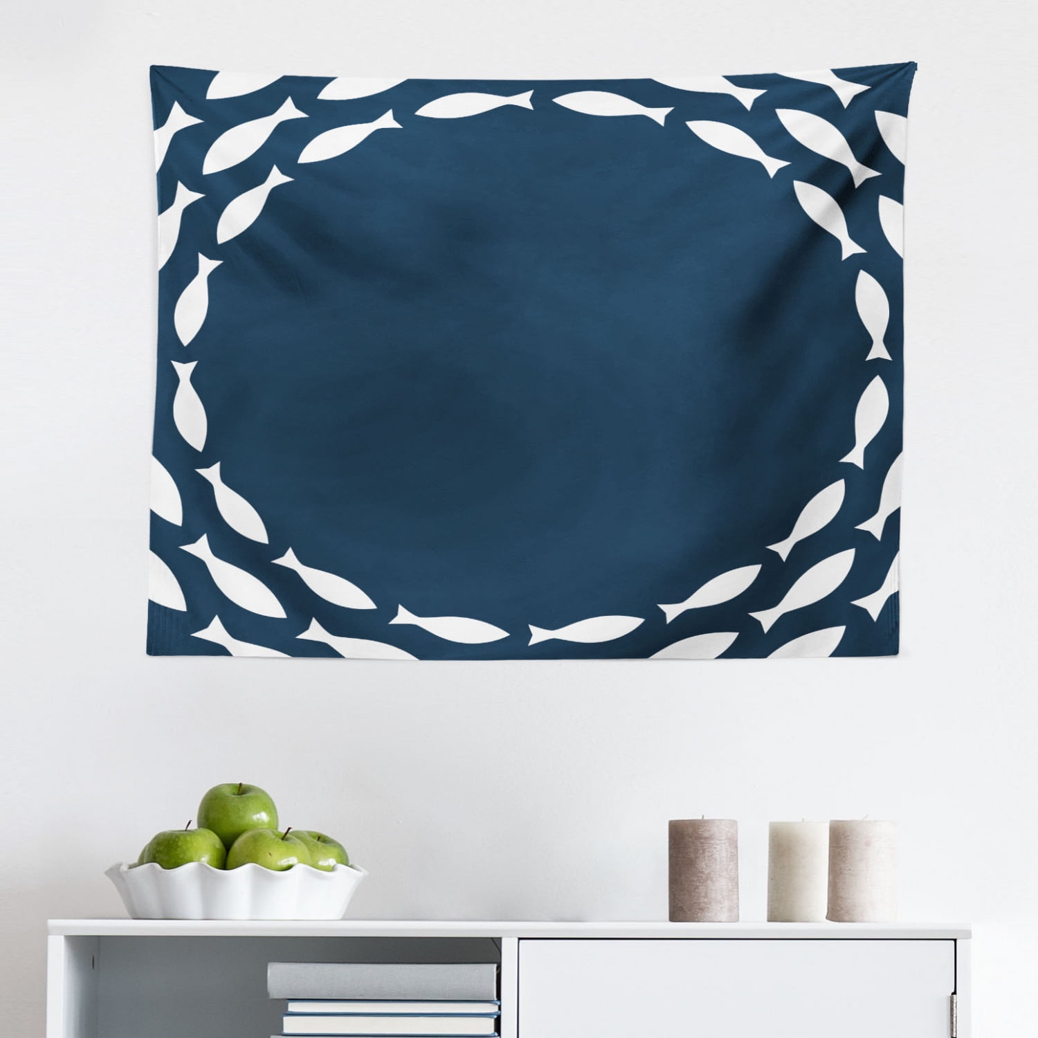 Navy Blue Tapestry, Octagon Patchwork Style Pattern Image with Dots ...